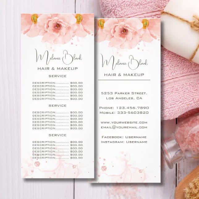 Elegant Watercolor Rose Gold Flowers Price List Rack Card | Zazzle