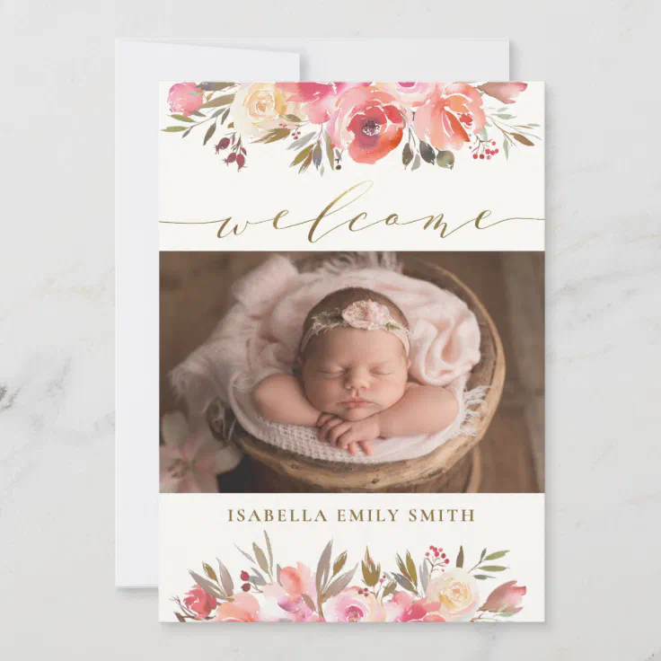 Elegant Watercolor Roses Script Calligraphy Birth Announcement | Zazzle