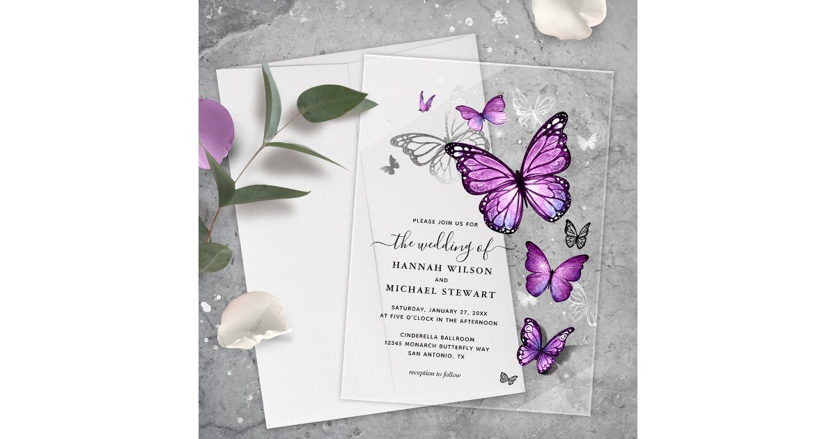 Elegant Watercolor Silver Purple Butterfly Wedding Acrylic Invitations ...