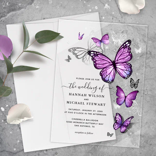 Elegant Watercolor Silver Purple Butterfly Wedding Acrylic Invitations ...