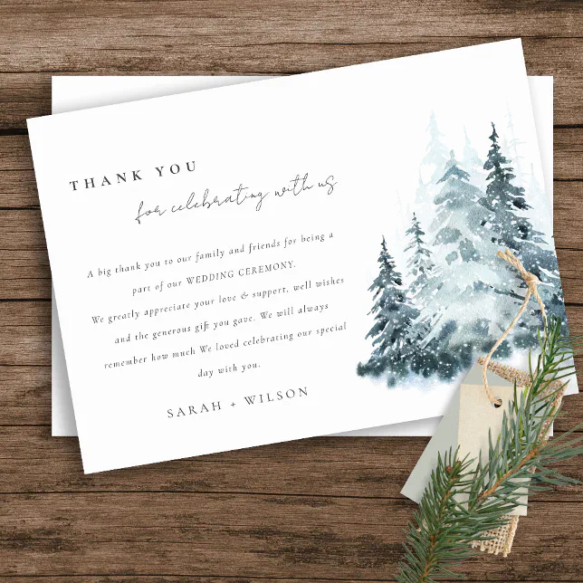 Elegant Watercolor Snow Winter Forest Pine Wedding Thank You Card | Zazzle