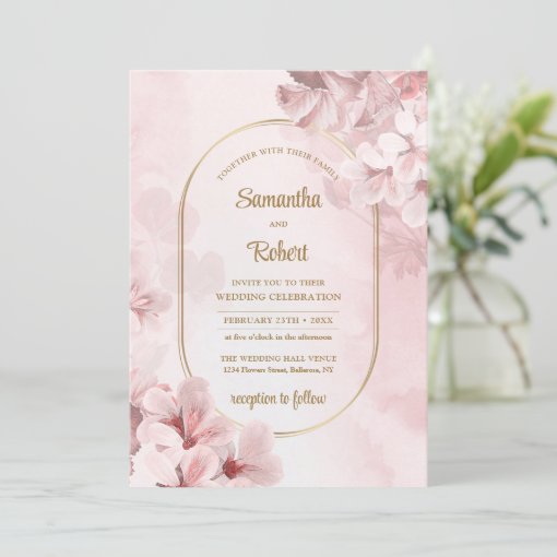 Elegant watercolor soft pink spring flowers gold invitation | Zazzle