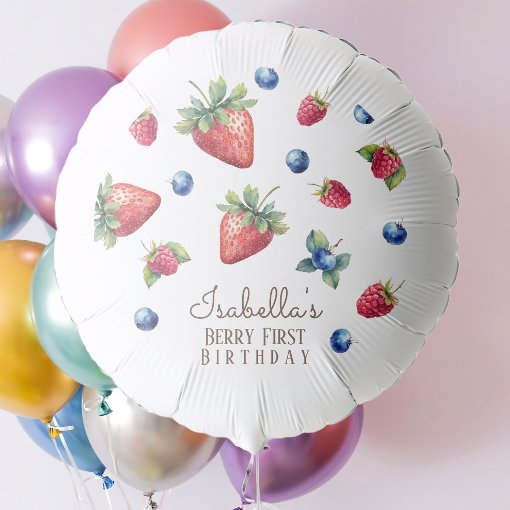 Elegant Watercolor Strawberry Berry First Birthday Balloon | Zazzle