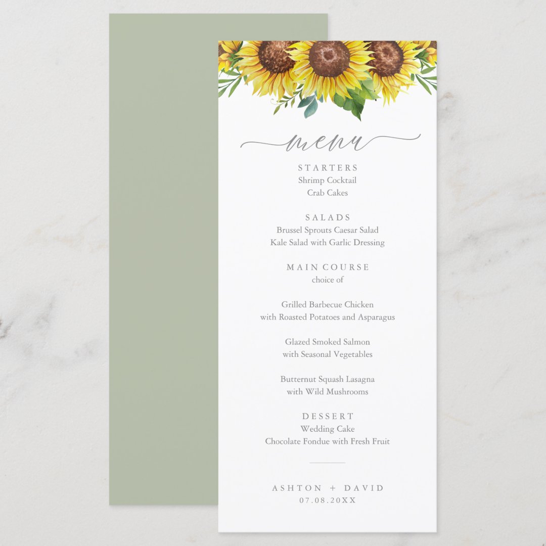 Elegant Watercolor Sunflower Wedding Menu | Zazzle