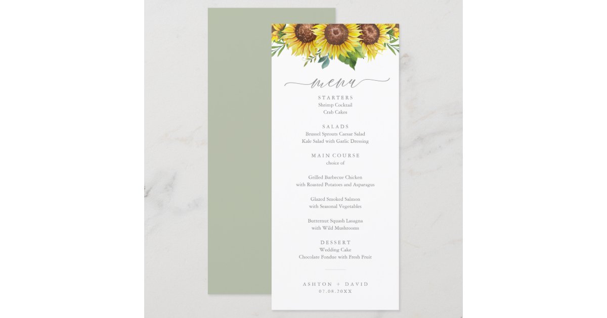 Elegant Watercolor Sunflower Wedding Menu | Zazzle