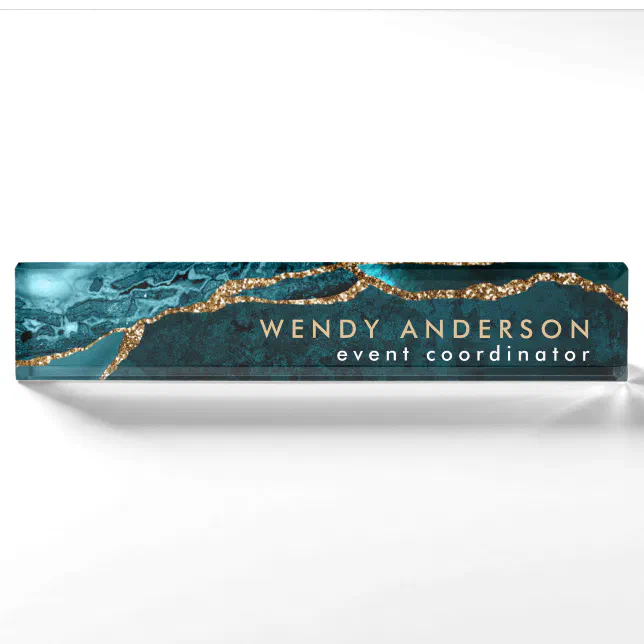 Elegant Watercolor Teal Gold Glitter Agate Desk Name Plate | Zazzle