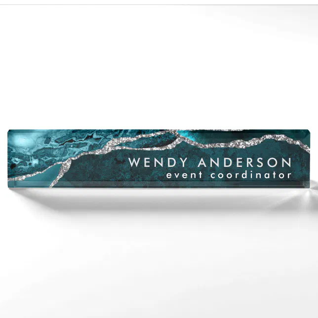Elegant Watercolor Teal Silver Glitter Agate Desk Name Plate | Zazzle