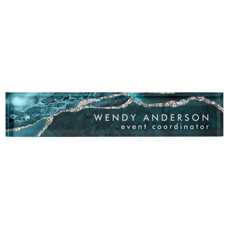 Elegant Watercolor Teal Silver Glitter Agate Desk Name Plate | Zazzle