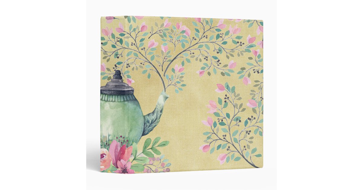 Elegant Watercolor Teapot and Flowers Gold 3 Ring Binder | Zazzle