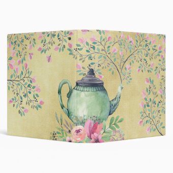Elegant Watercolor Teapot and Flowers Gold 3 Ring Binder | Zazzle