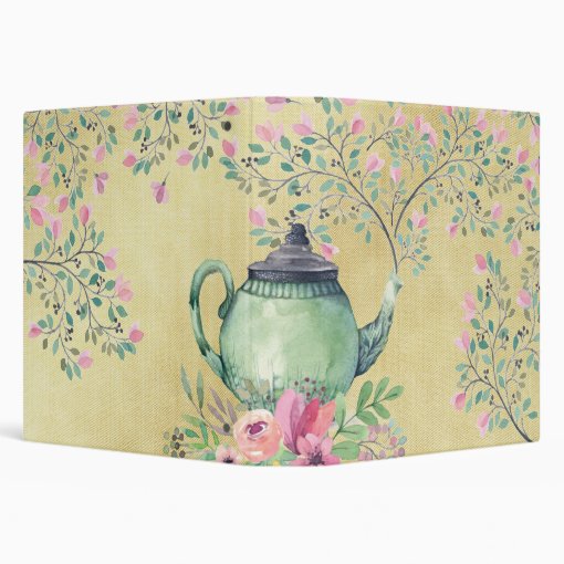 Elegant Watercolor Teapot and Flowers Gold 3 Ring Binder | Zazzle