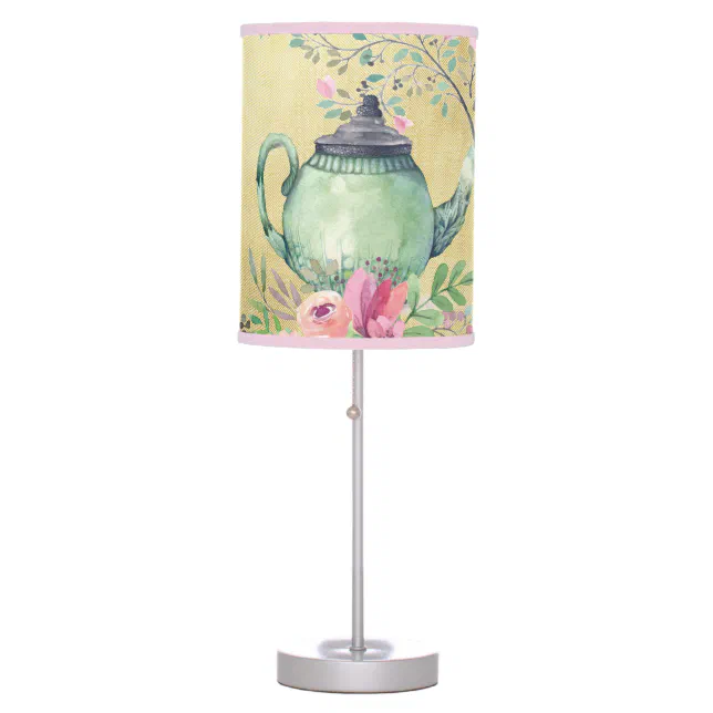 Elegant Watercolor Teapot and Flowers Gold Table Lamp | Zazzle