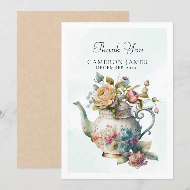 Elegant Watercolor Teapot Floral Tea Party Thank You Card | Zazzle