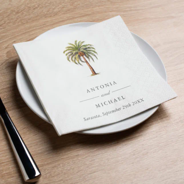 Elegant Watercolor tropical palm tree Monogram Napkins | Zazzle