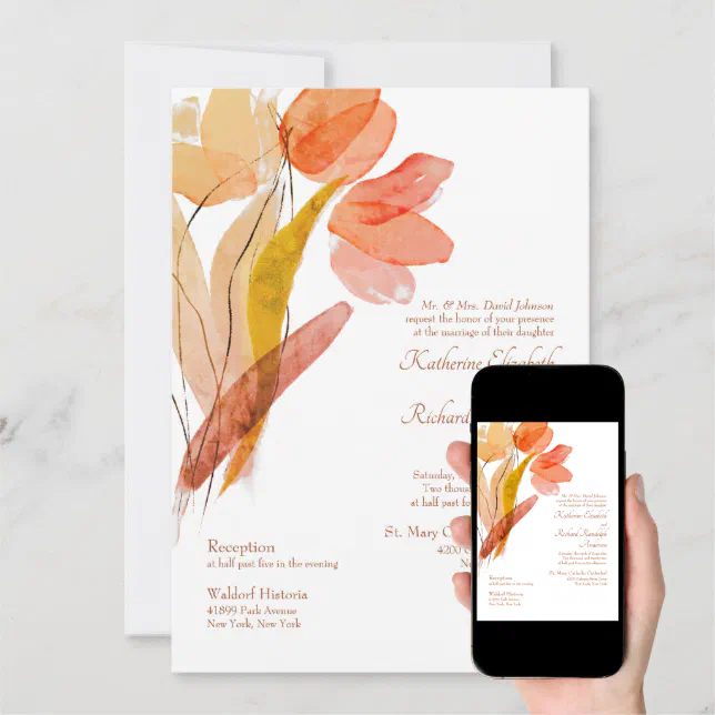 Elegant Watercolor Tulips Terracotta Wedding Invitation | Zazzle