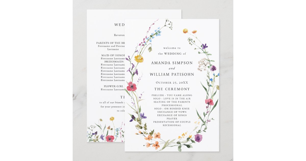Elegant Watercolor Wild Flowers Wedding Ceremony Program | Zazzle