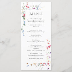 Elegant Watercolor Wild Flowers Wedding Dinner Menu | Zazzle