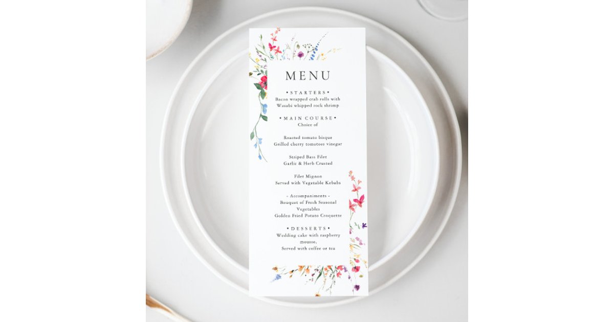 Elegant Watercolor Wild Flowers Wedding Dinner Menu | Zazzle