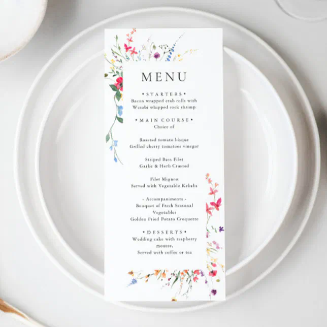 Elegant Watercolor Wild Flowers Wedding Dinner Menu | Zazzle