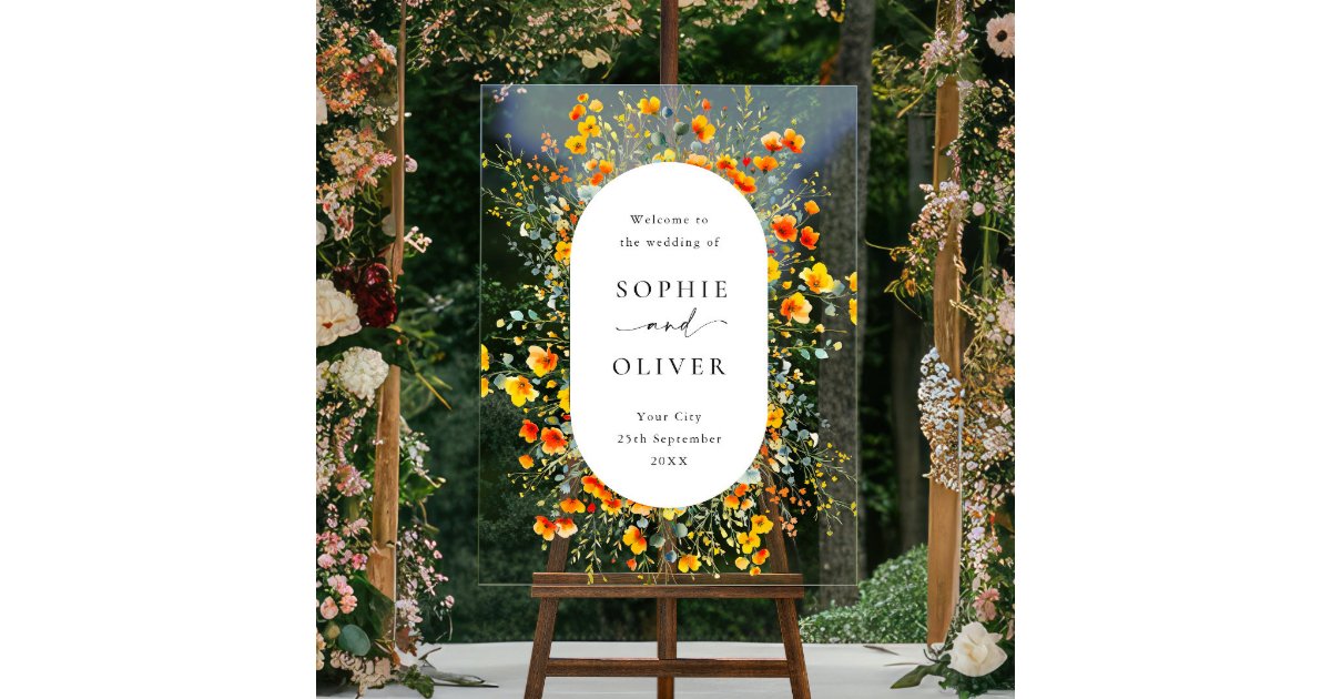 Elegant Watercolor Wild Flowers WELCOME Wedding Acrylic Sign | Zazzle