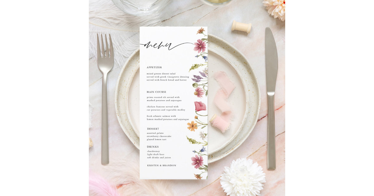 Elegant Watercolor Wildflower Floral Wedding Menu | Zazzle