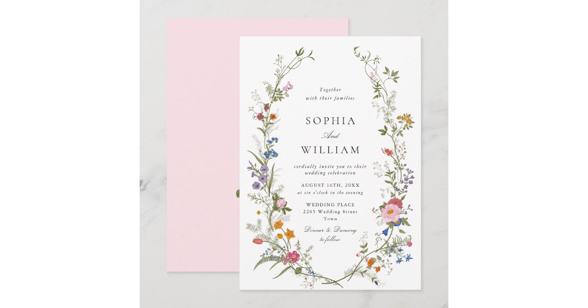 Elegant Watercolor Wildflowers Simple Pink Wedding Invitation | Zazzle