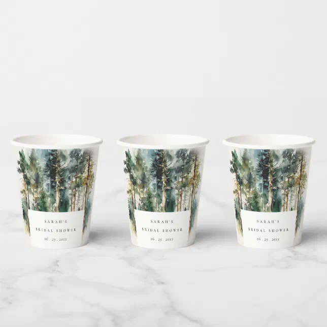 Elegant Watercolor Woodland Forest Bridal Shower Paper Cups | Zazzle