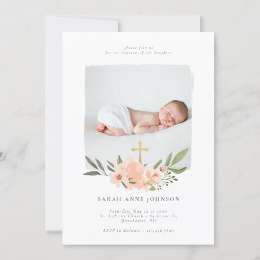 Elegant Watercolour Floral Cross Baptism Photo Invitation | Zazzle