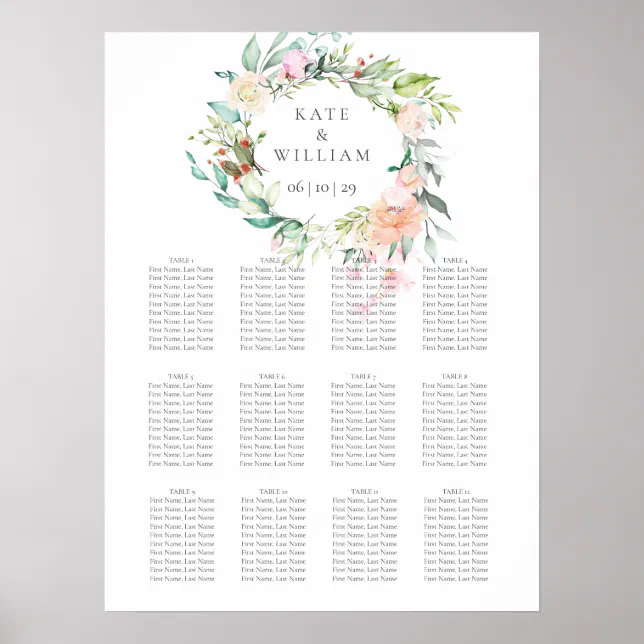 Elegant Watercolour Greenery Floral Seating Plan Poster | Zazzle