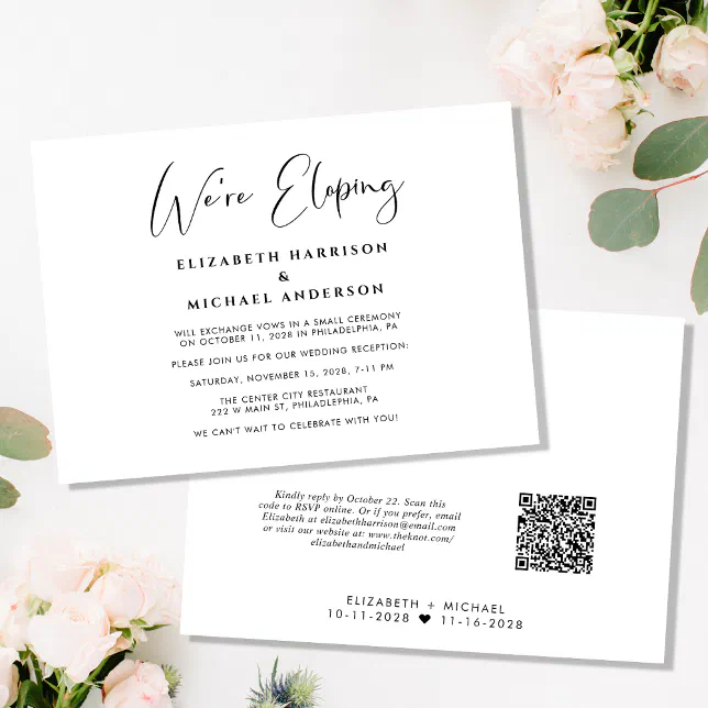 Elegant We Are Eloping QR Code Wedding Reception Invitation | Zazzle