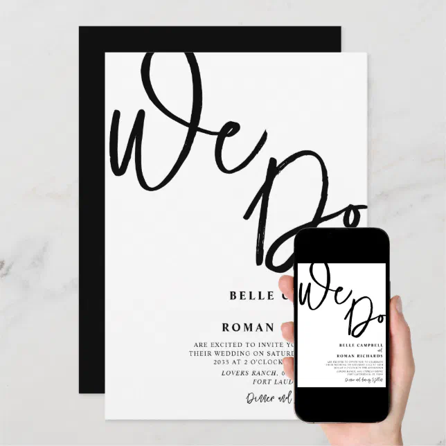 Elegant We Do Script Black & White Wedding Invitation | Zazzle