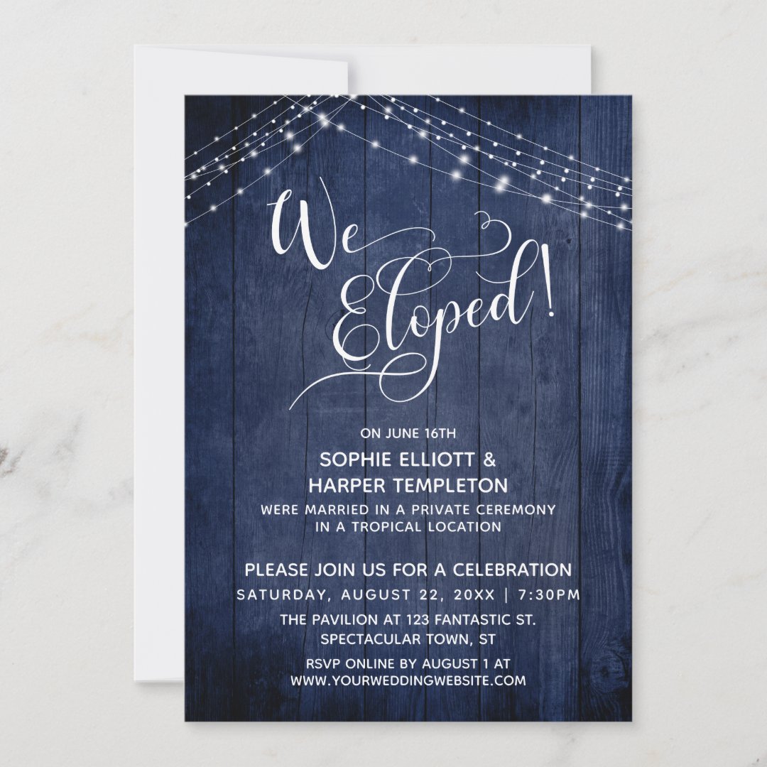Elegant We Eloped Typography & Lights, Navy Wood Invitation | Zazzle