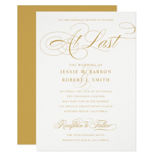 Elegant Wedding At Last Gold Calligraphy Invitation | Zazzle.com