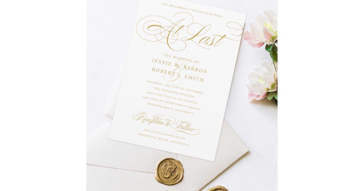 Elegant Wedding At Last Gold Calligraphy Invitation | Zazzle