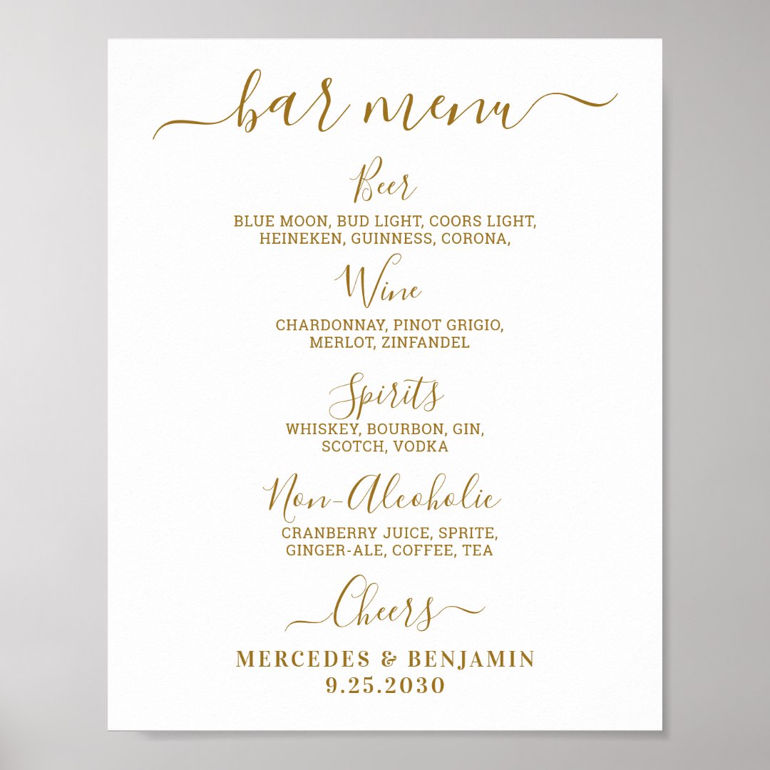 Elegant Wedding Bar Gold Personalized Drink Menu Poster | Zazzle