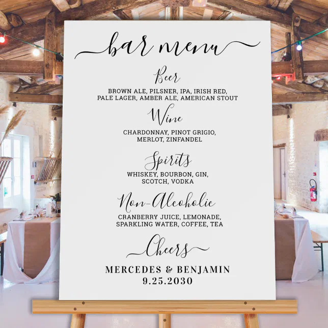 Elegant Wedding Bar Personalized Drink Menu Foam Board | Zazzle