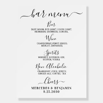 Elegant Wedding Bar Personalized Drink Menu Foam Board | Zazzle