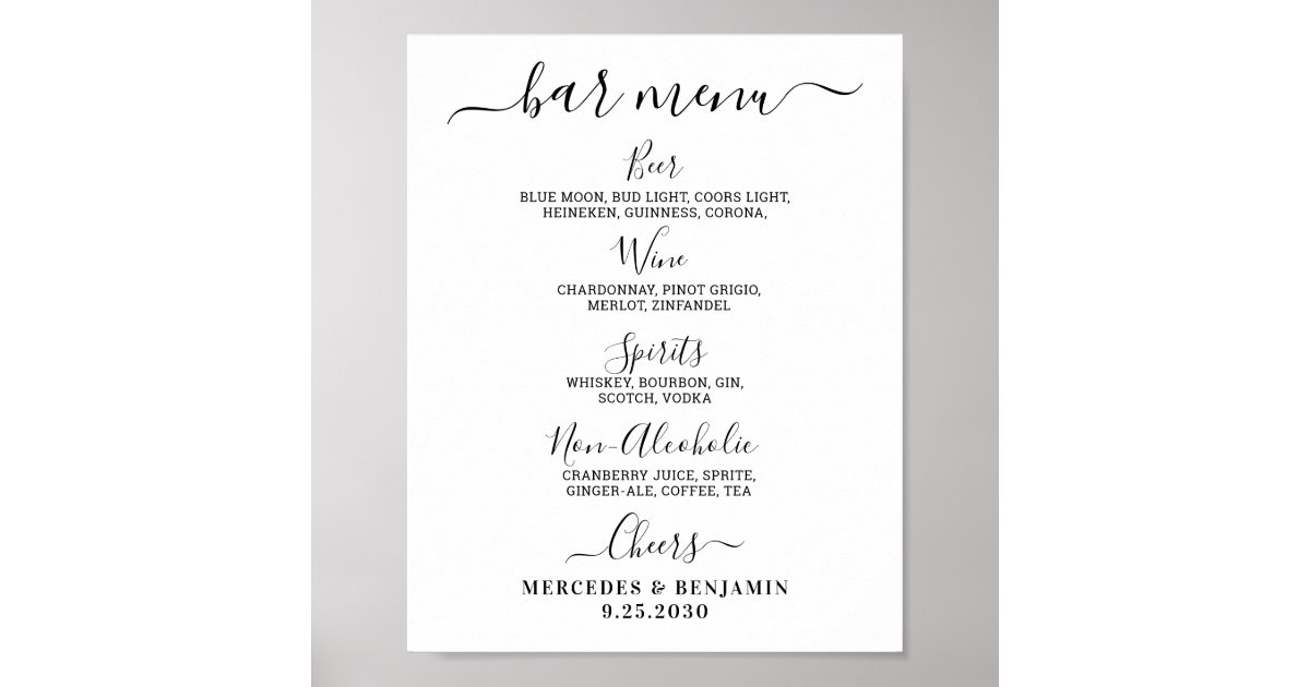 Elegant Wedding Bar Personalized Drink Menu Poster | Zazzle