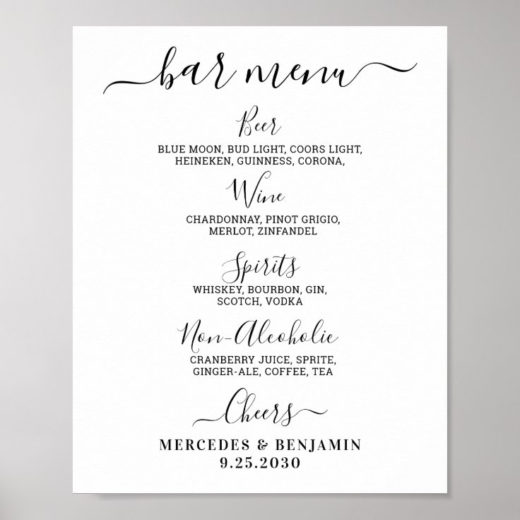 Elegant Wedding Bar Personalized Drink Menu Poster | Zazzle