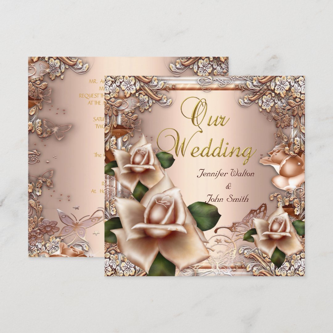 Elegant Wedding Beige Cream Gold Rose Invitation | Zazzle