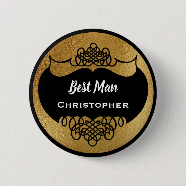 Elegant Wedding Best Man Name Tag Faux Gold Button | Zazzle