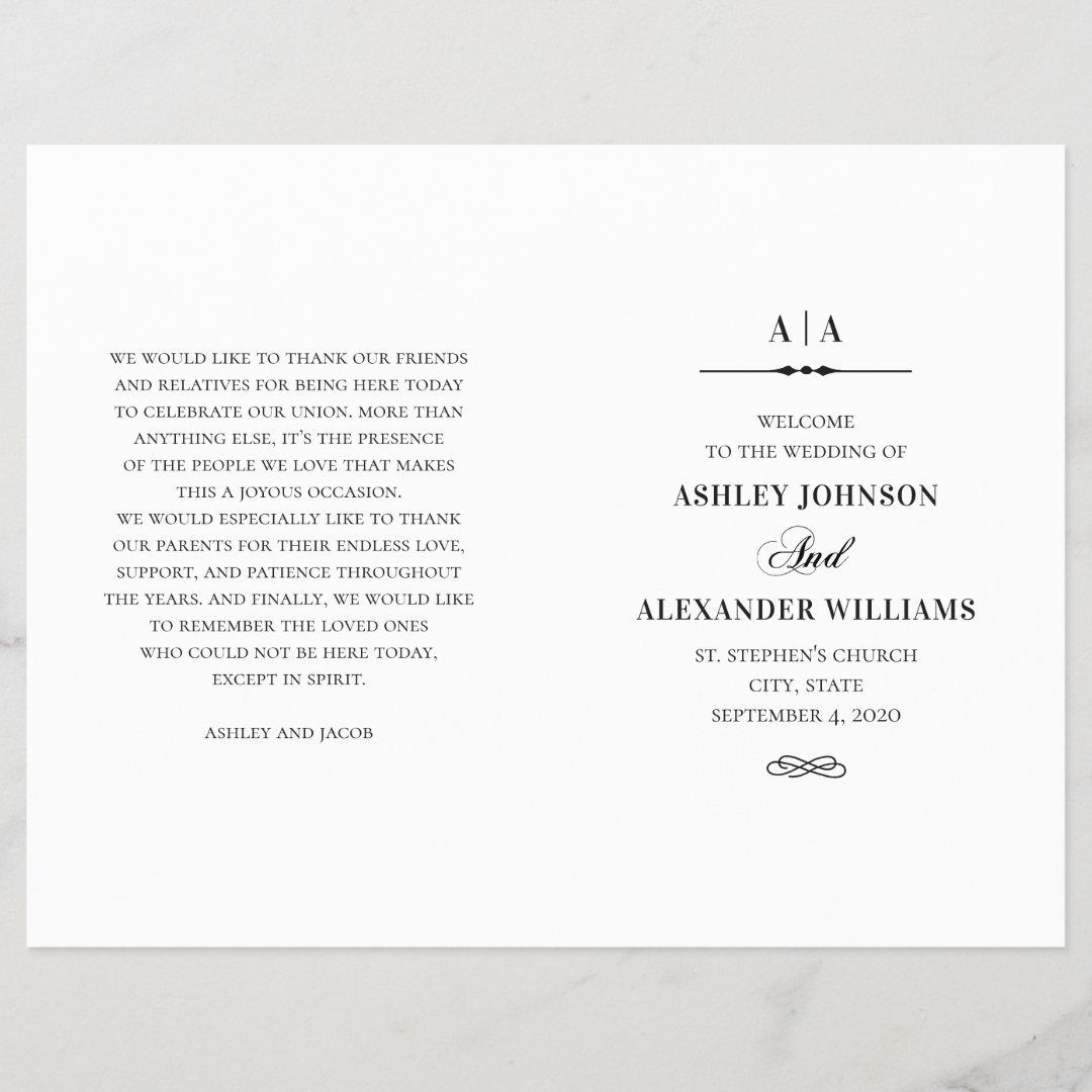 Elegant wedding. Black and white program folded | Zazzle