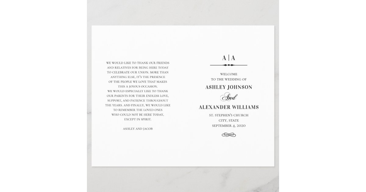 Elegant wedding. Black and white program folded | Zazzle