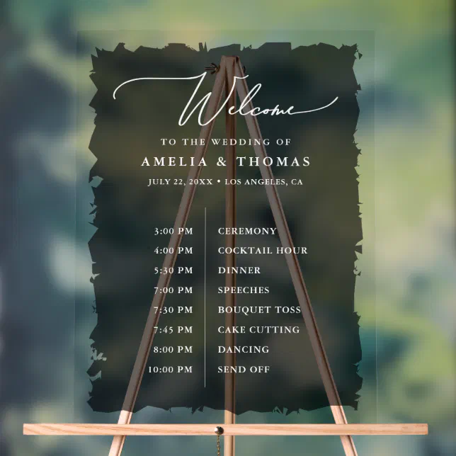 Elegant Wedding Black Welcome and Timeline Acrylic Sign | Zazzle