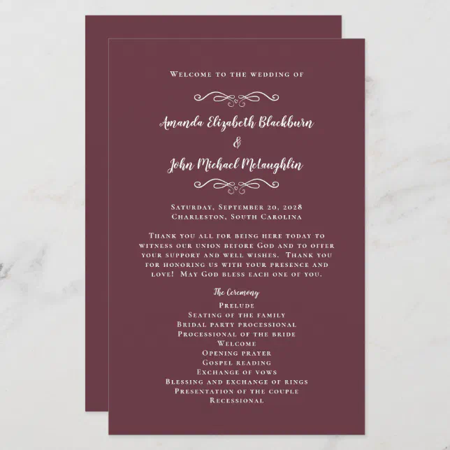 Elegant Wedding Burgundy Modern Ceremony Program | Zazzle
