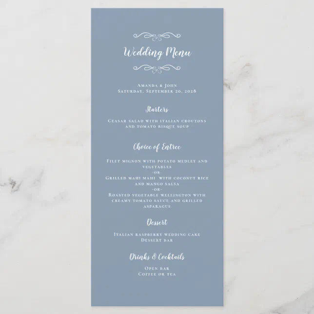 Elegant Wedding Calligraphy Chic Dusty Blue Dinner Menu | Zazzle