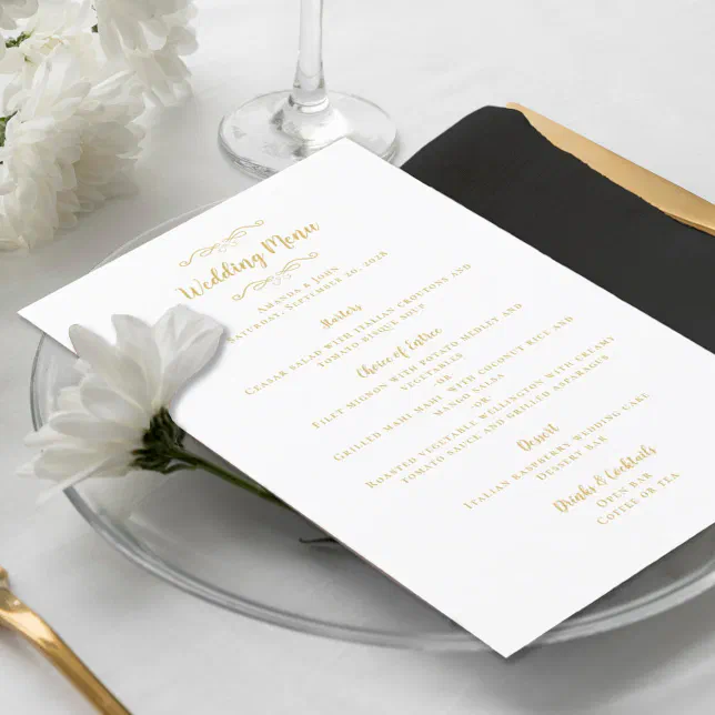 Elegant Wedding Calligraphy Chic Gold White Dinner Menu | Zazzle