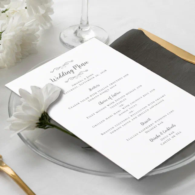 Elegant Wedding Calligraphy Chic Gray White Dinner Menu | Zazzle