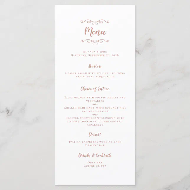 Elegant Wedding Calligraphy Rose Gold Dinner Party Menu | Zazzle