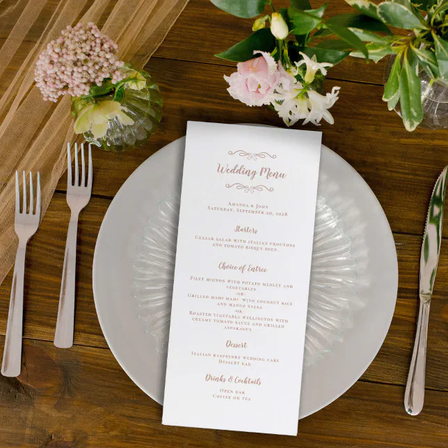 Elegant Wedding Calligraphy Rose Gold Pink Dinner Menu | Zazzle
